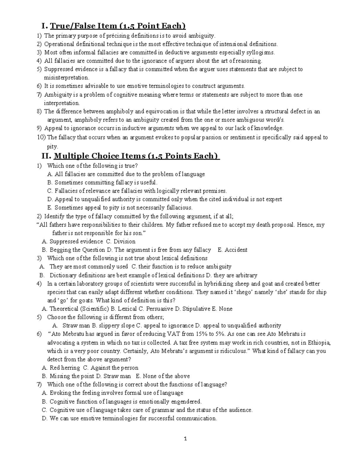 Model Exam Logic and Critical Thinking - I. True/False Item (1 Point ...