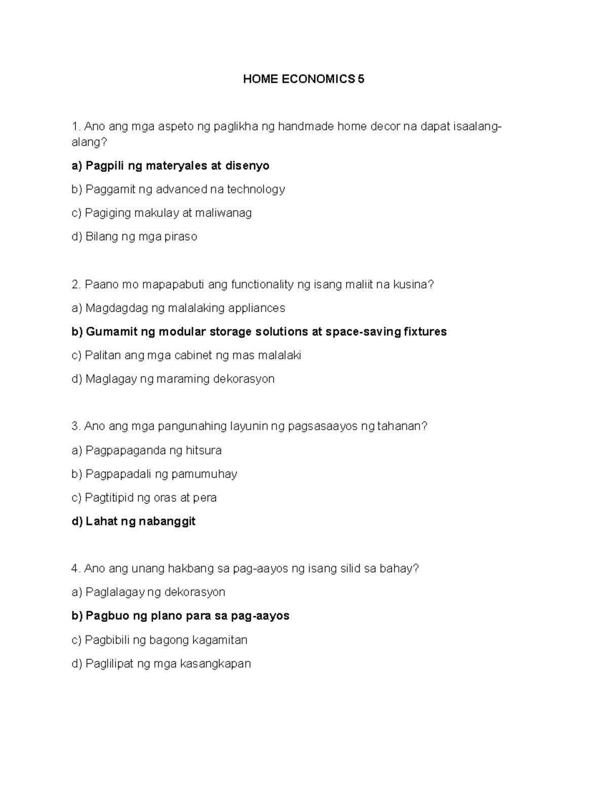 HOME Economics 5 QUIZ - Wala naman ito kwenta - HOME ECONOMICS 5 Ano ...