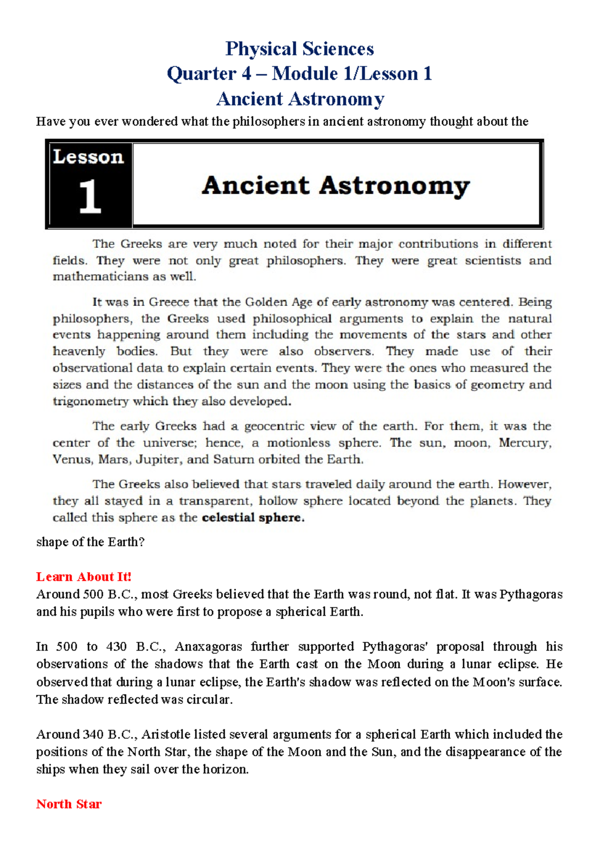 Lesson 1 Ancient Astronomy - Physical Sciences Quarter 4 – Module 1/Lesson 1 Ancient Astronomy ...