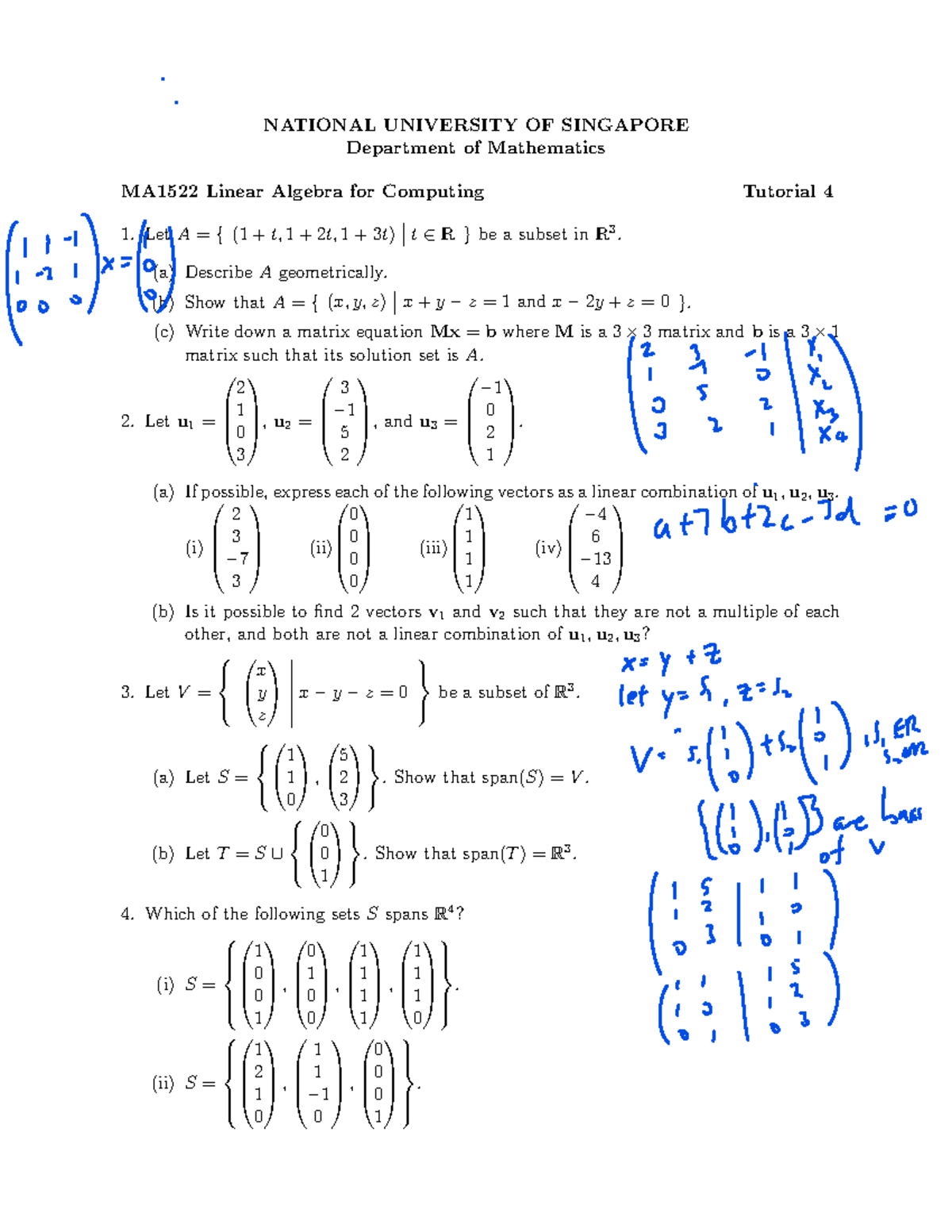 Tutorial 4 - NATIONAL UNIVERSITY OF SINGAPORE Department of Mathematics MA1522 Linear Algebra ...