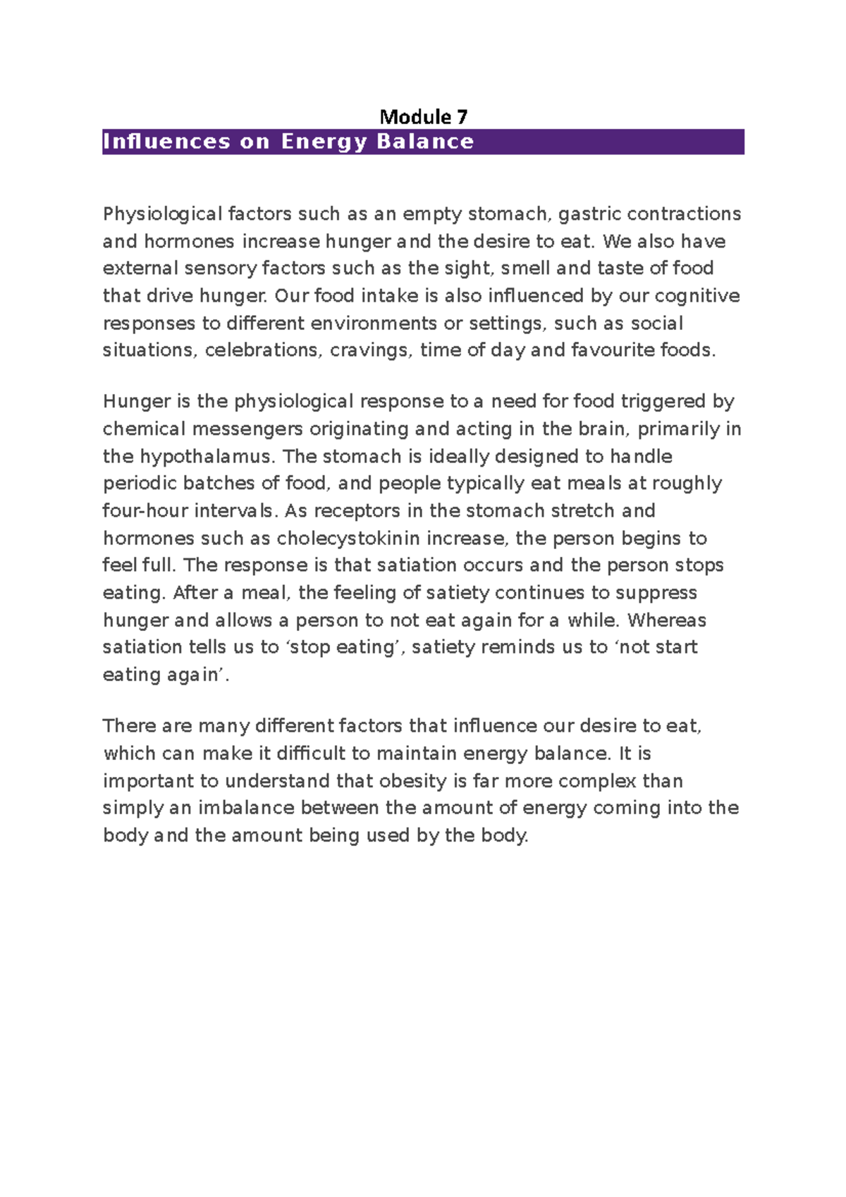 Module 5 and Module 7 Lecture Notes - Module 7 Influences on Energy ...
