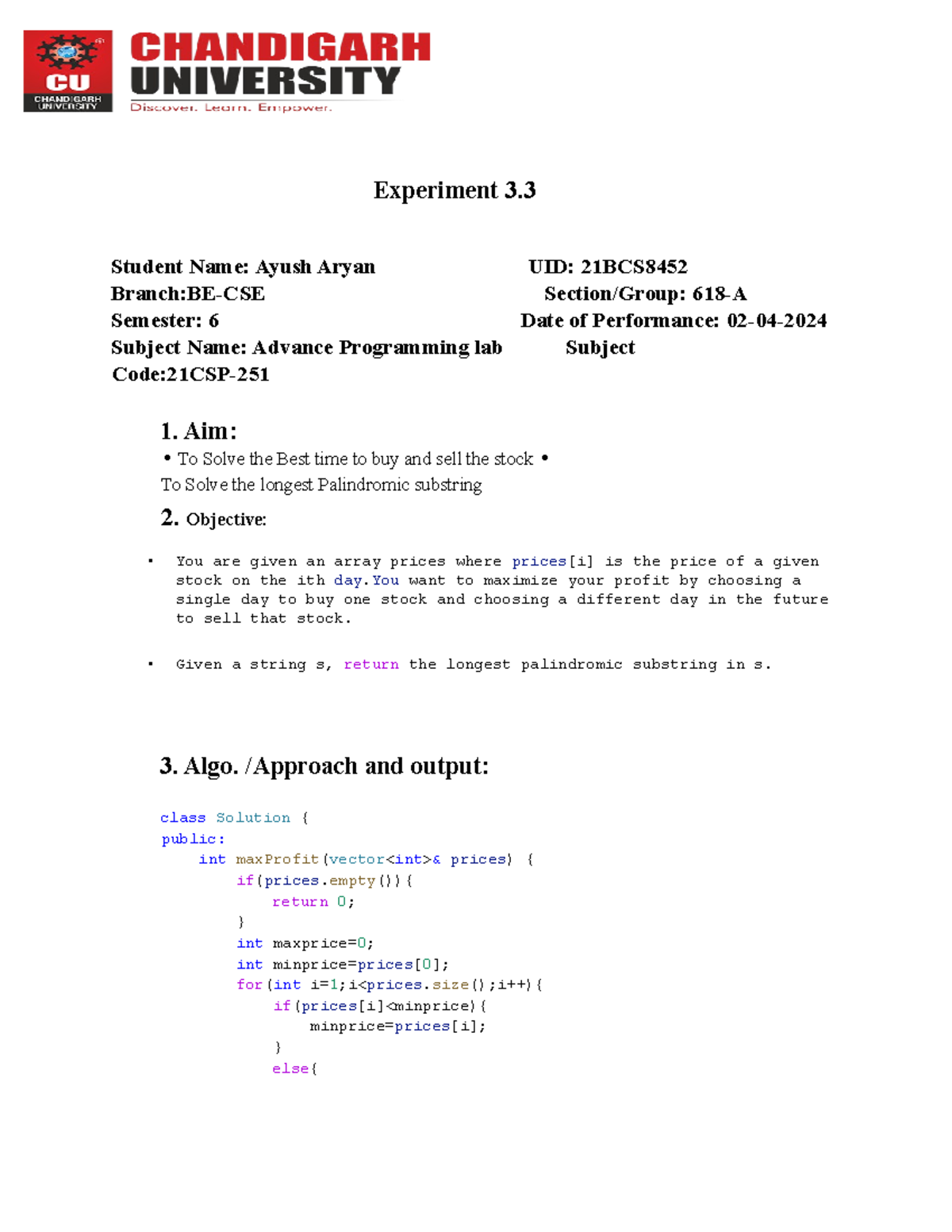 AP 3 - Experiment 3. Student Name: Ayush Aryan UID: 21BCS Branch:BE-CSE Section/Group: 618-A ...