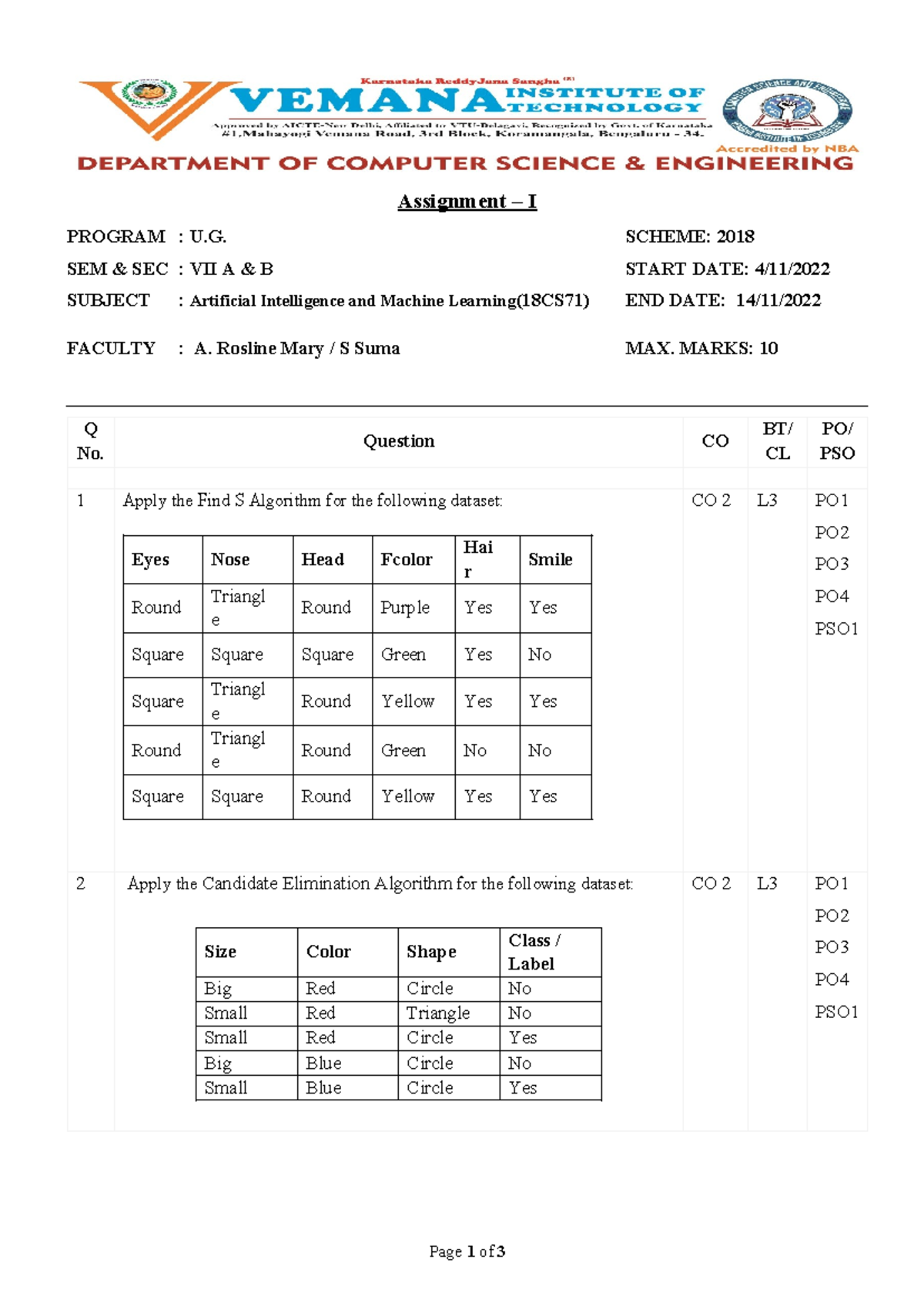 18CS71 Assignment 1 - Assignment – I PROGRAM : U. SCHEME: 2018 SEM ...