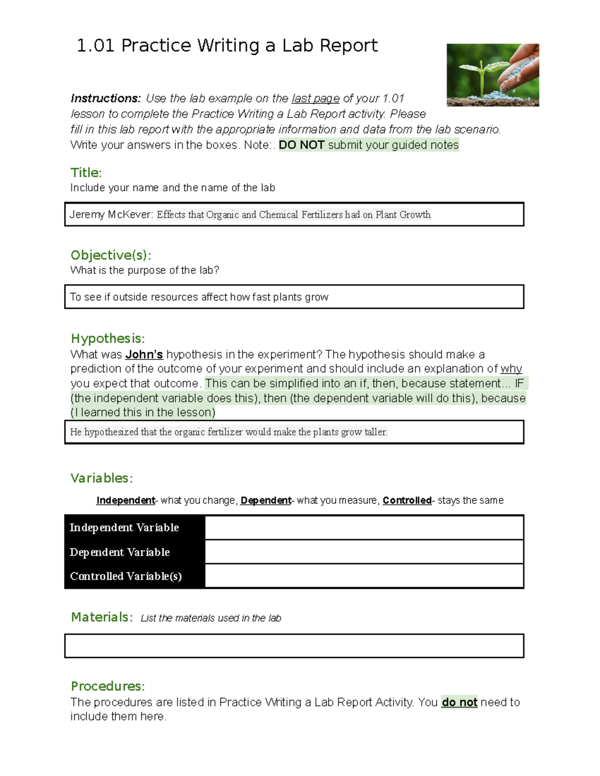 Copy of 1 01 Exploring Life Lab Repornt n - 1 Practice Writing a Lab ...