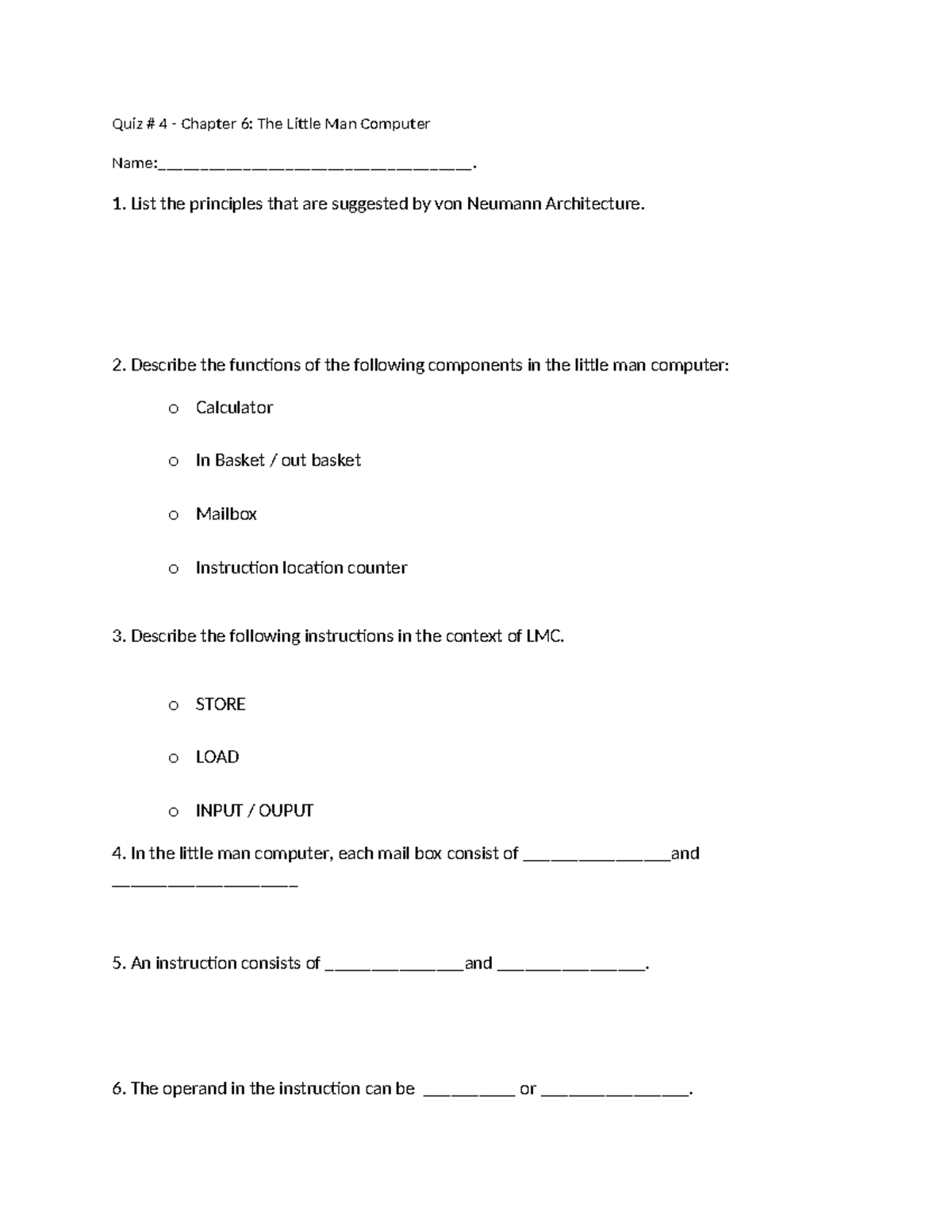 Quiz 4 Little Man computer-Questions - Quiz # 4 - Chapter 6: The Little ...