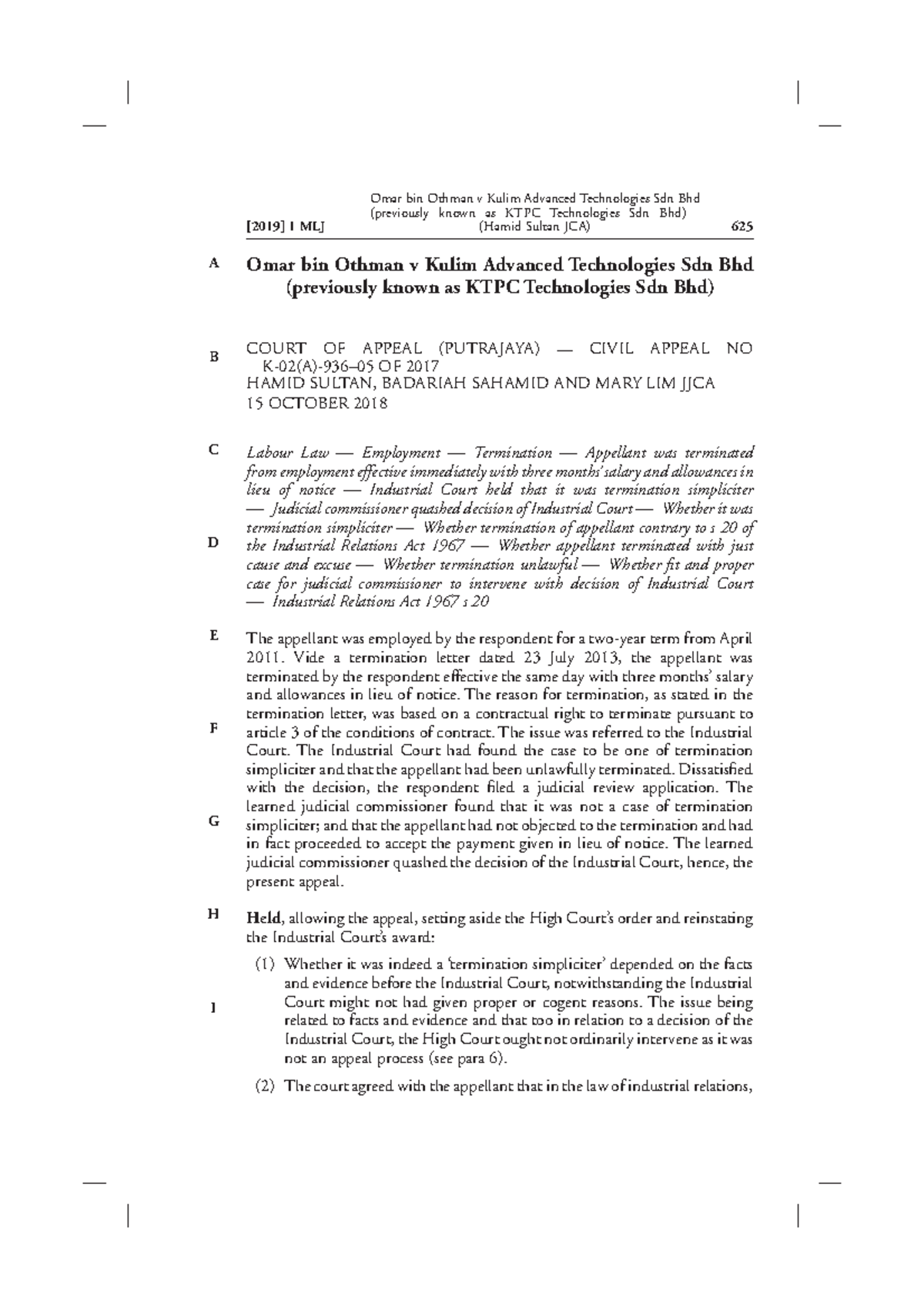 Omar bin Othman v Kulim Advanced Technologies Sdn Bhd (previously known ...