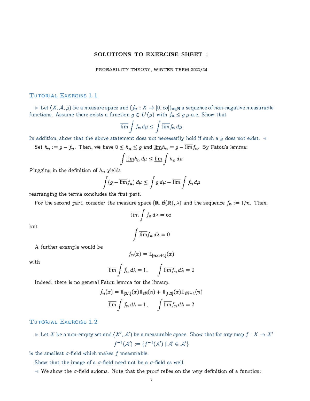 Sheet 1 Slution - SOLUTIONS TO EXERCISE SHEET 1 PROBABILITY THEORY ...