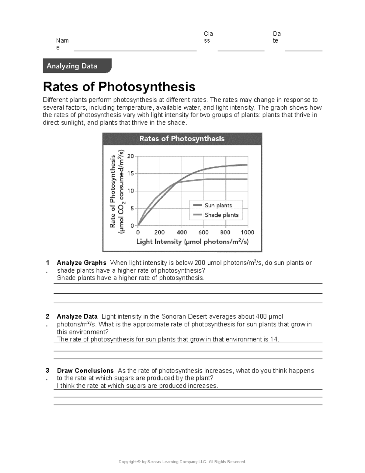 BIO CH09 Analyzing Data - Nam e Cla ss Da te Rates of Photosynthesis ...