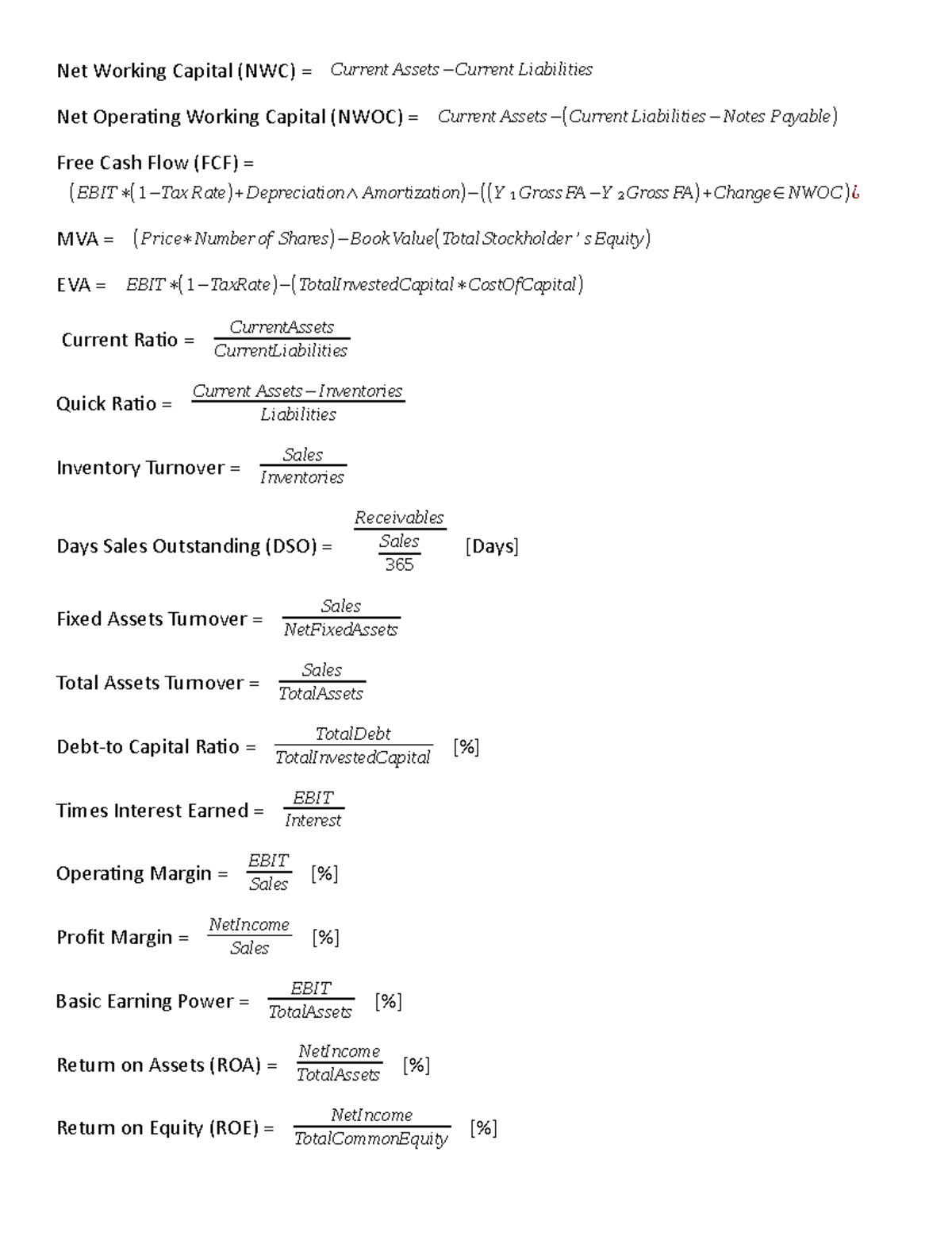 Exam 1 Formulas - Net Working Capital (NWC) = Current Assets –Current ...