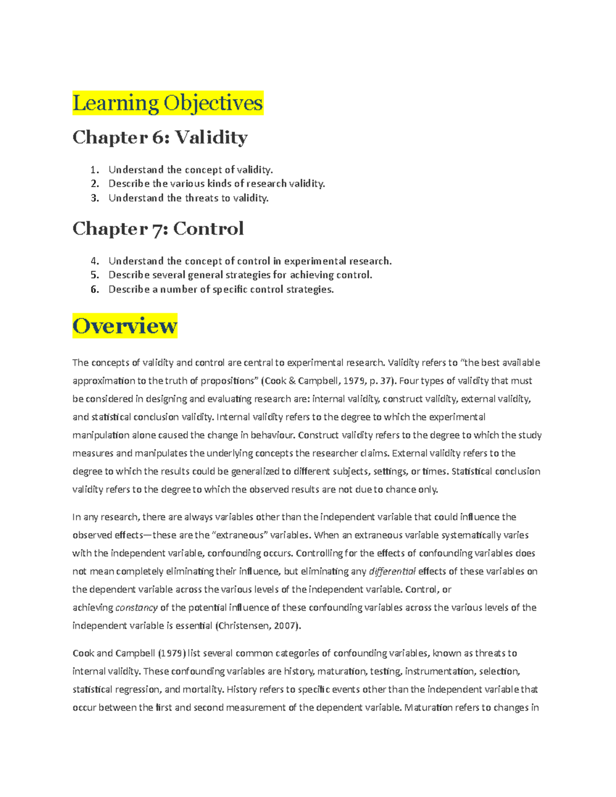 Unit Three - Learning Objectives Chapter 6: Validity 1. Understand the ...