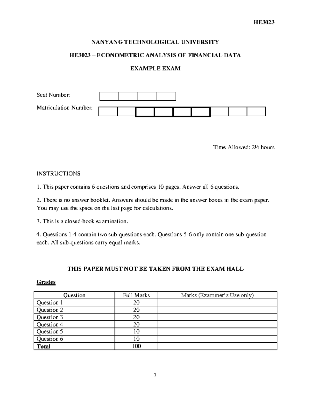 Example Exam - NANYANG TECHNOLOGICAL UNIVERSITY HE3023 – ECONOMETRIC ANALYSIS OF FINANCIAL DATA ...