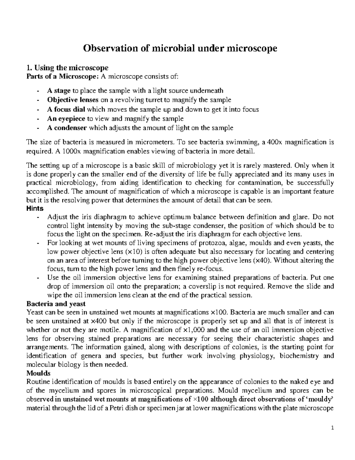 Lab 3 Observation of microbial under microscope - Using the microscope ...