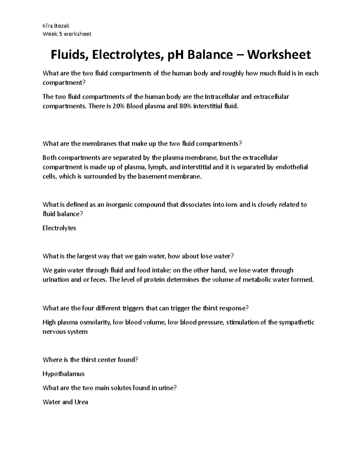 Fluid worksheet - Week 5 worksheet Fluids, Electrolytes, pH Balance ...