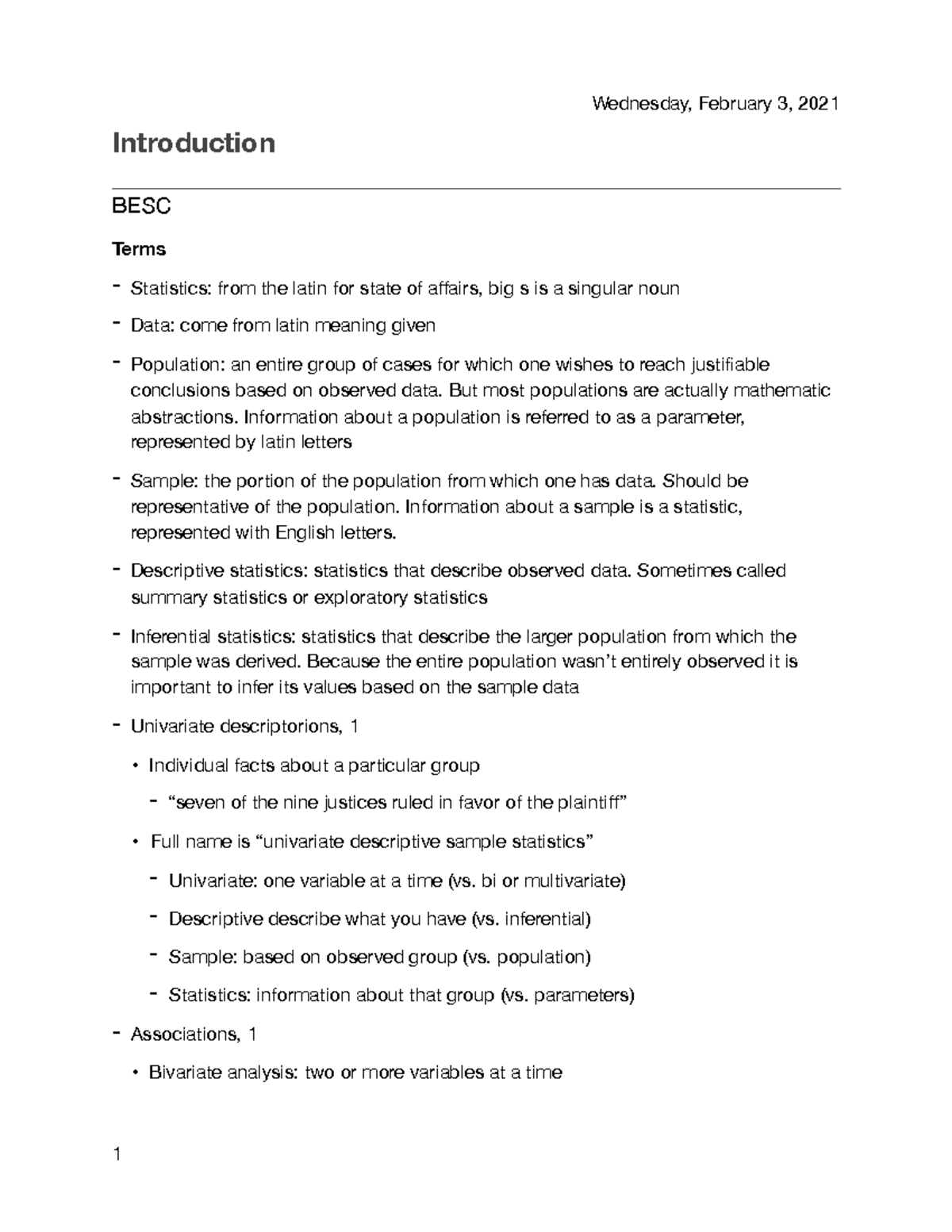 BESC Notes unit number 1 - Introduction BESC Terms - Statistics: from ...