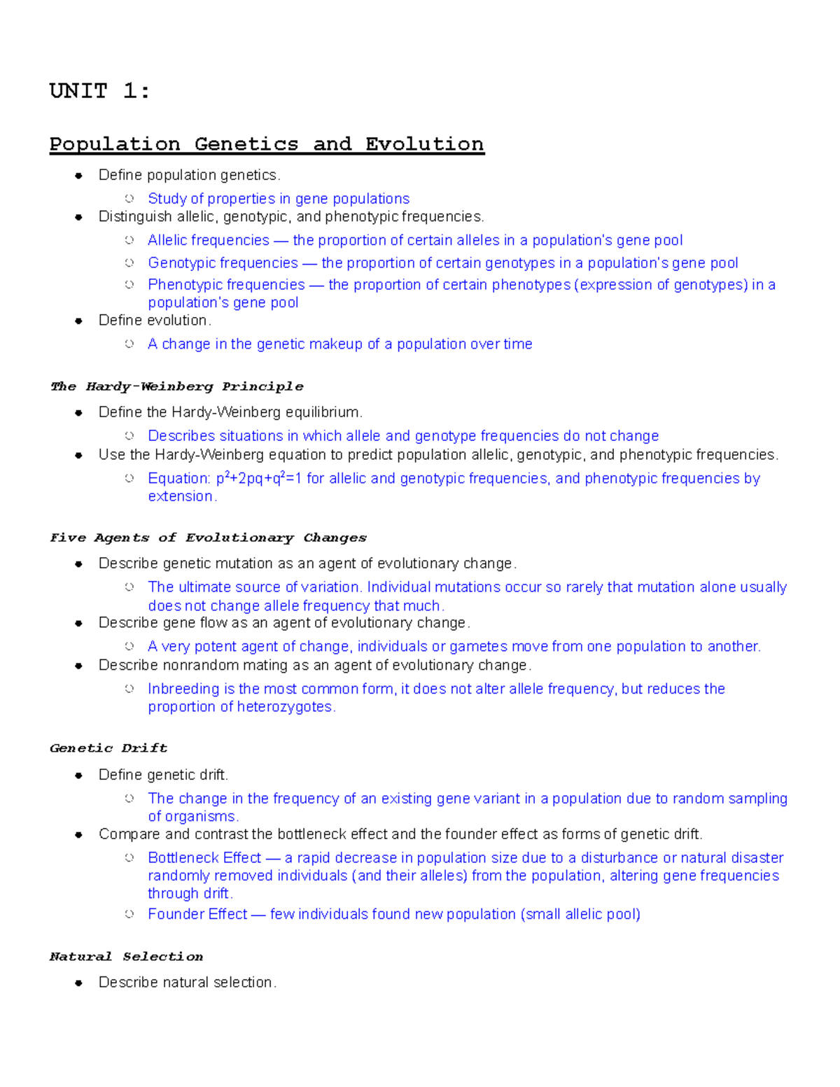Composite Study Guides BIO151 1282020 - UNIT 1: Population Genetics and Evolution Define - Studocu
