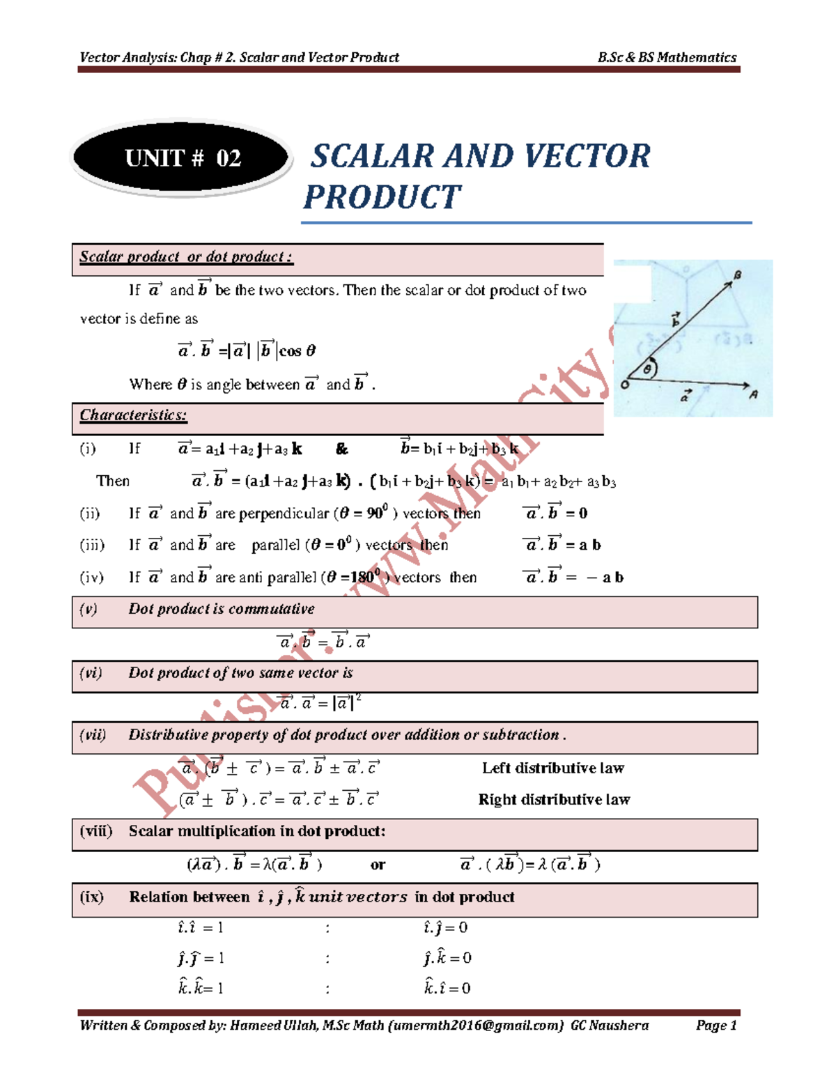 Chapter 2 version 1 of vector analysis written by hameed ullah - UNIT ...
