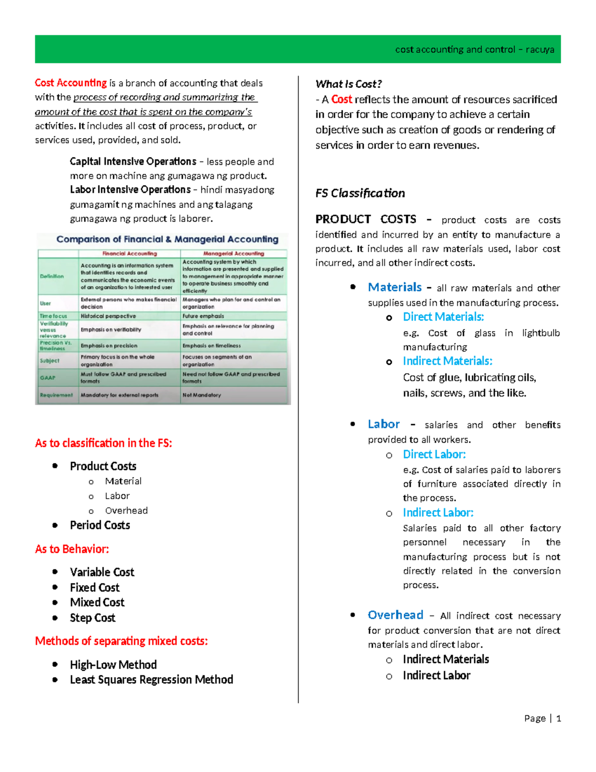 COST Accounting - Notes - Cost Accounting is a branch of accounting ...