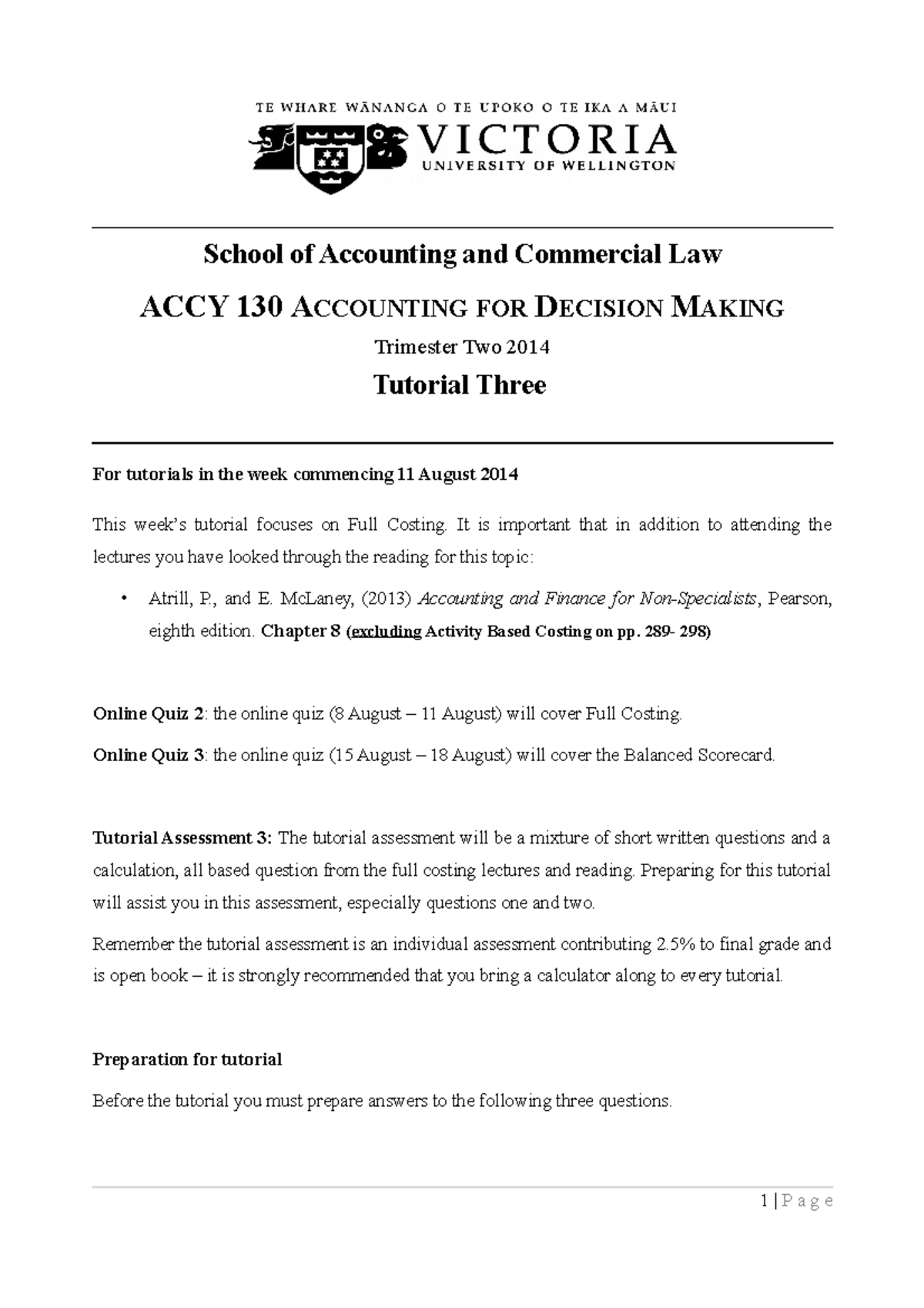 ACCY Tutorial 3 - School of Accounting and Commercial Law ACCY 130 ...