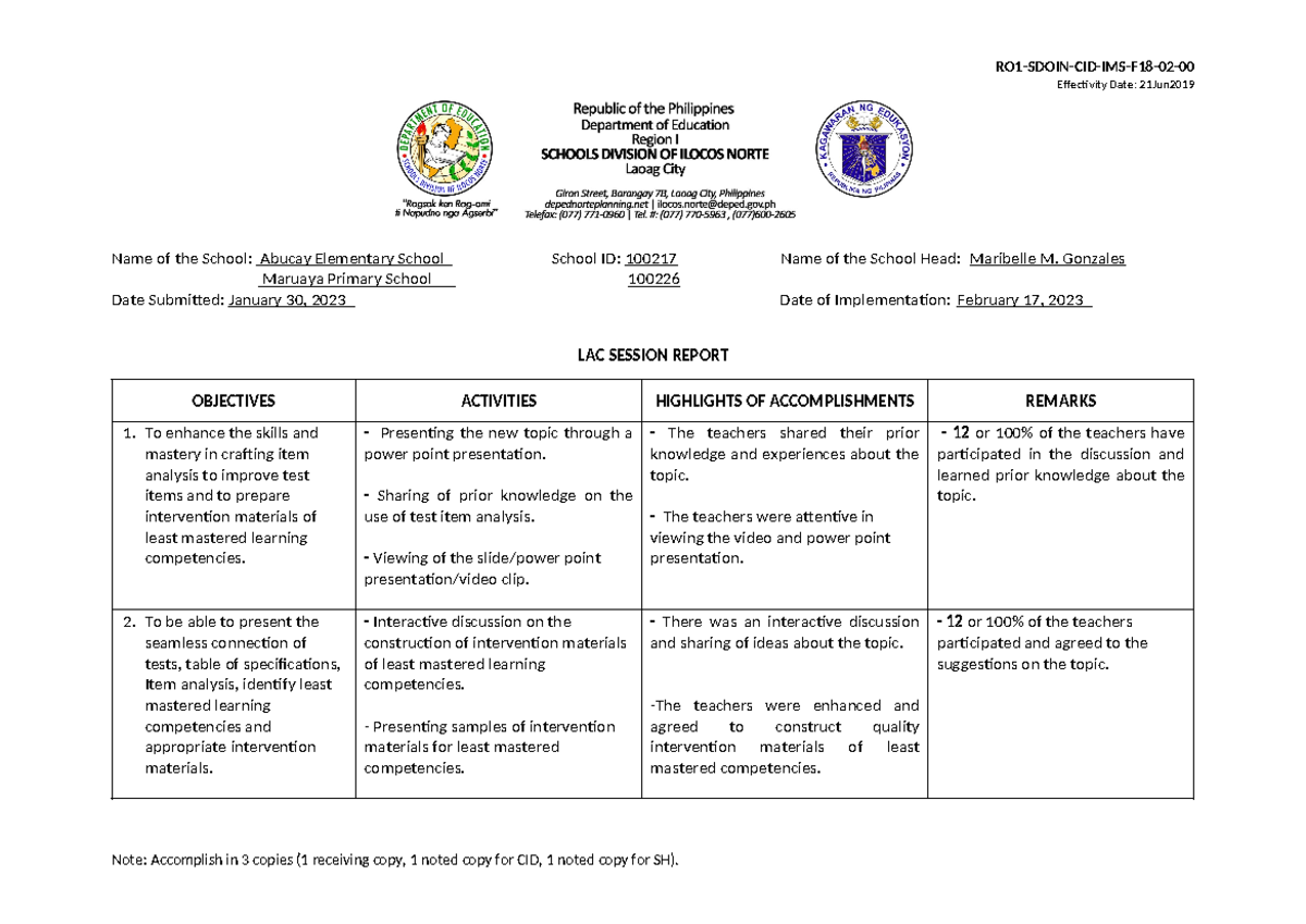 LAC Report - LAC IMPROVEMENT PLAN - RO1-SDOIN-CID-IMS-F18-02 ...