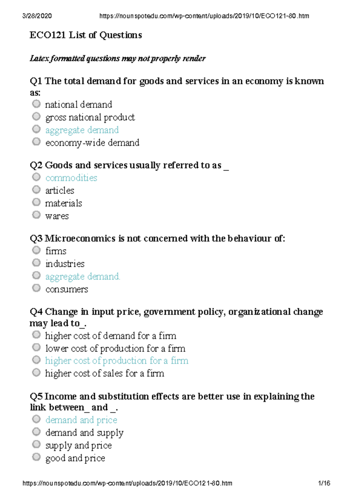 ECO121-80 - PAST QUESTION - ECO121 List of Questions Latex formatted questions may not properly ...