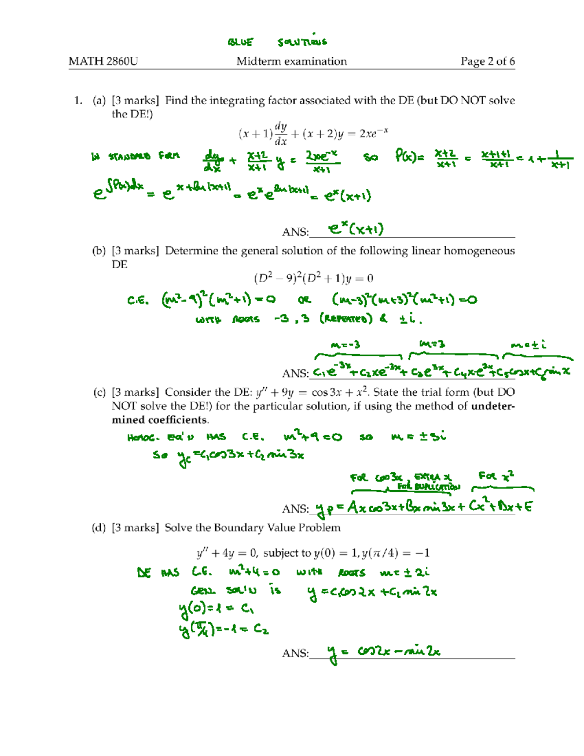 F11 ODE Midterm v2 solution - BLUE salutious MATH 2860U Midterm examination Page 2 of 6 1. (a ...