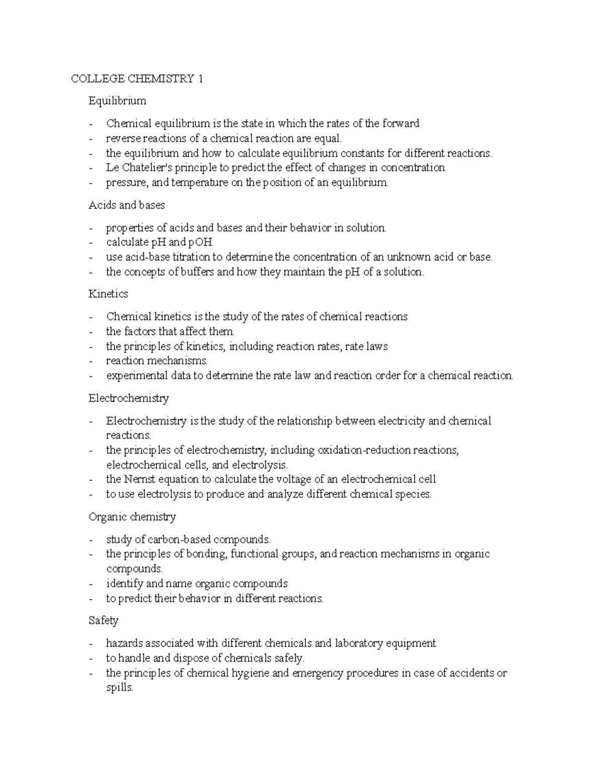 College Chemistry 1 Notes 2 - COLLEGE CHEMISTRY 1 Equilibrium Chemical ...