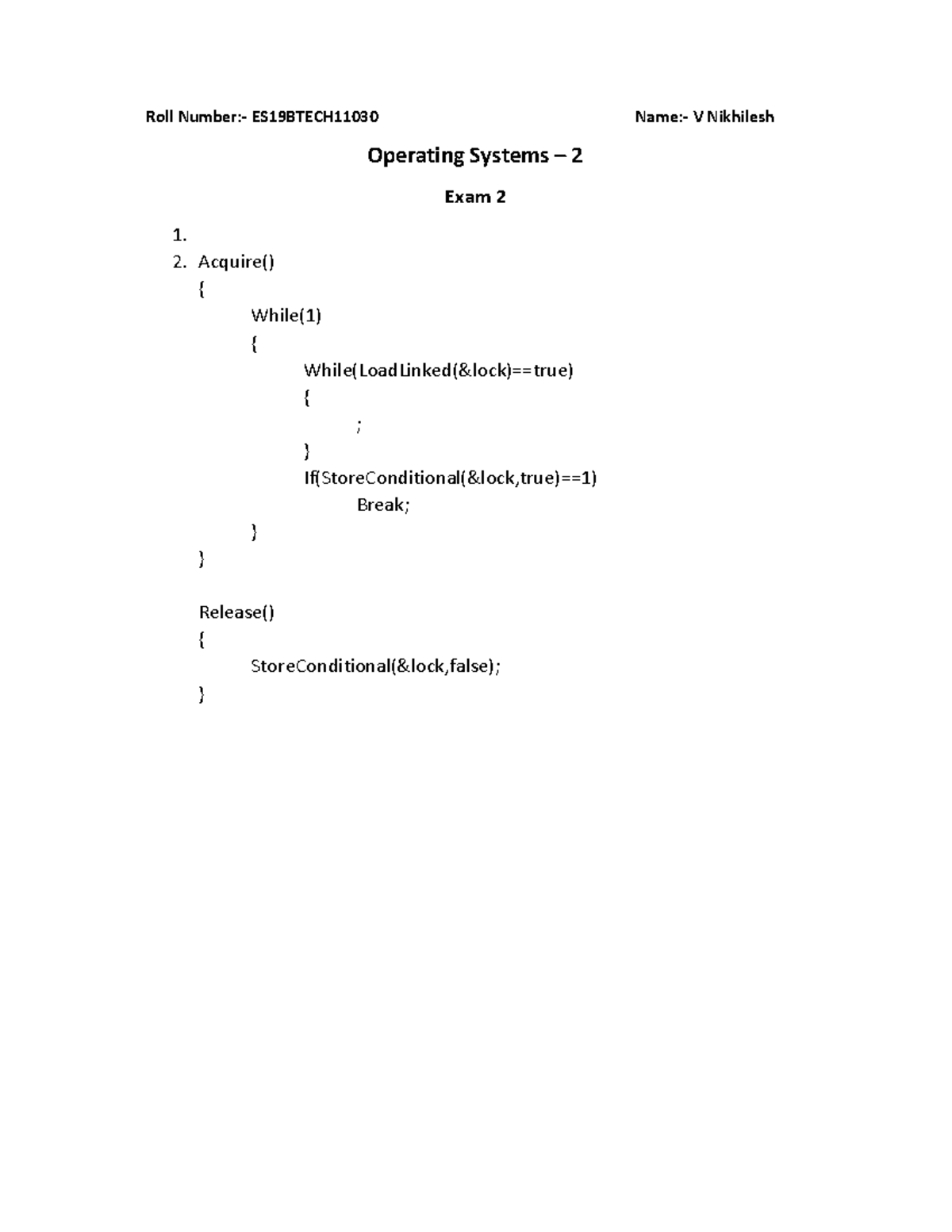Operation systems chapter 2 - Roll Number:- ES19BTECH11030 Name:- V ...