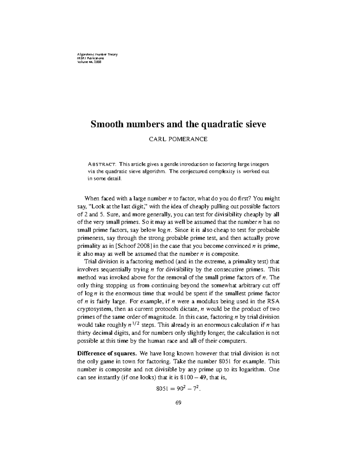 Smooth numbers and the quadratic sieve - Algorithmic Number Theory MSRI ...