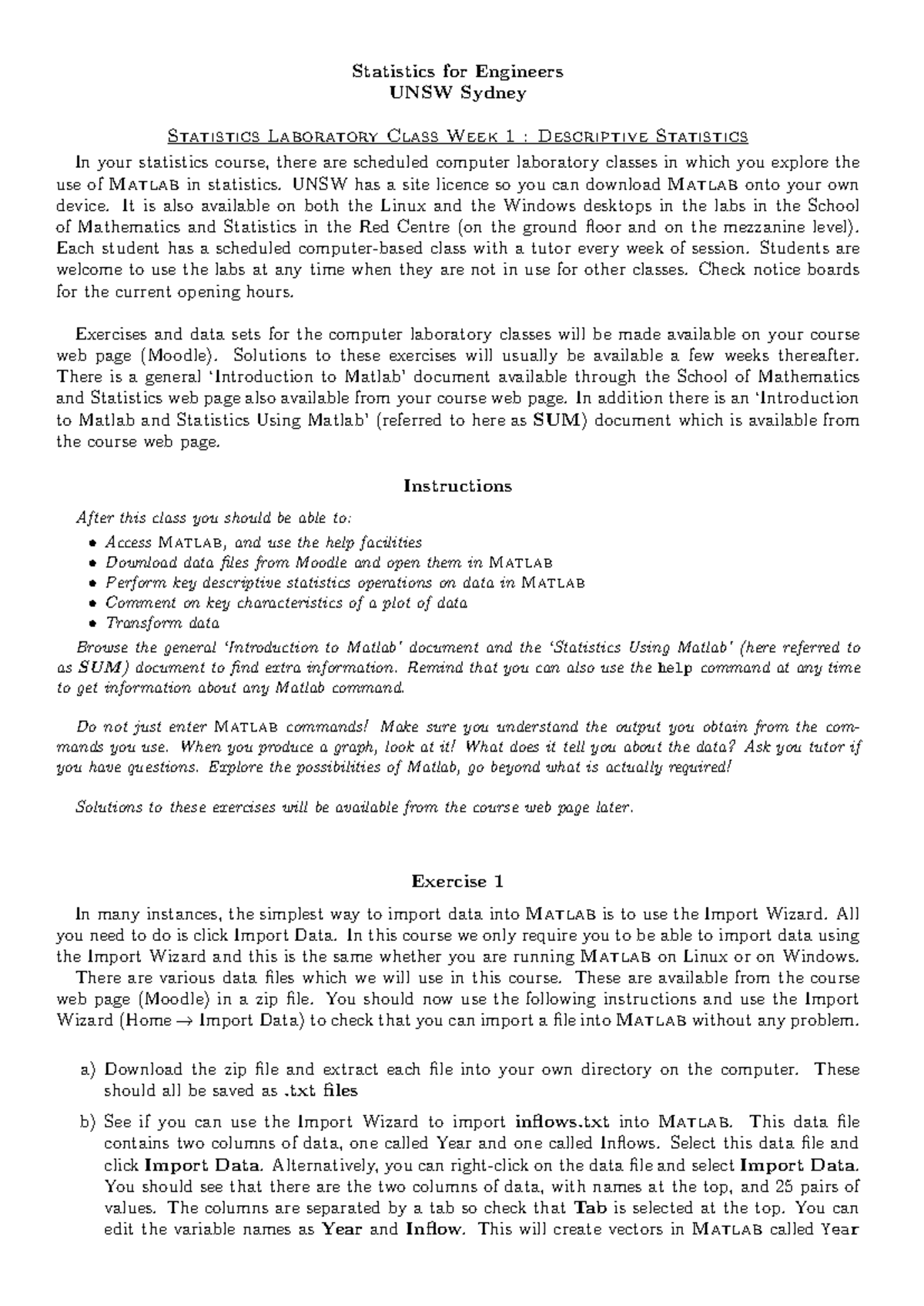 Engg Stats Lab 1 - Statistics for Engineers UNSW Sydney Statistics ...