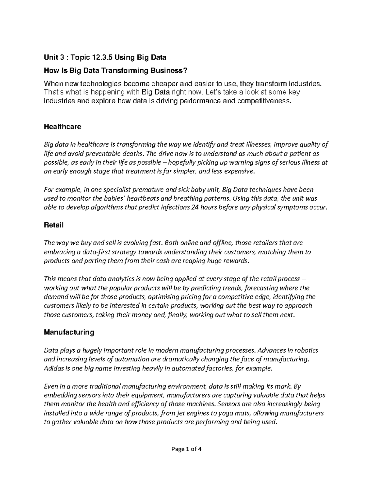 Unit 3 Topic 12.3.5 Using Big Data Handout - Unit 3 : Topic 12.3 Using ...