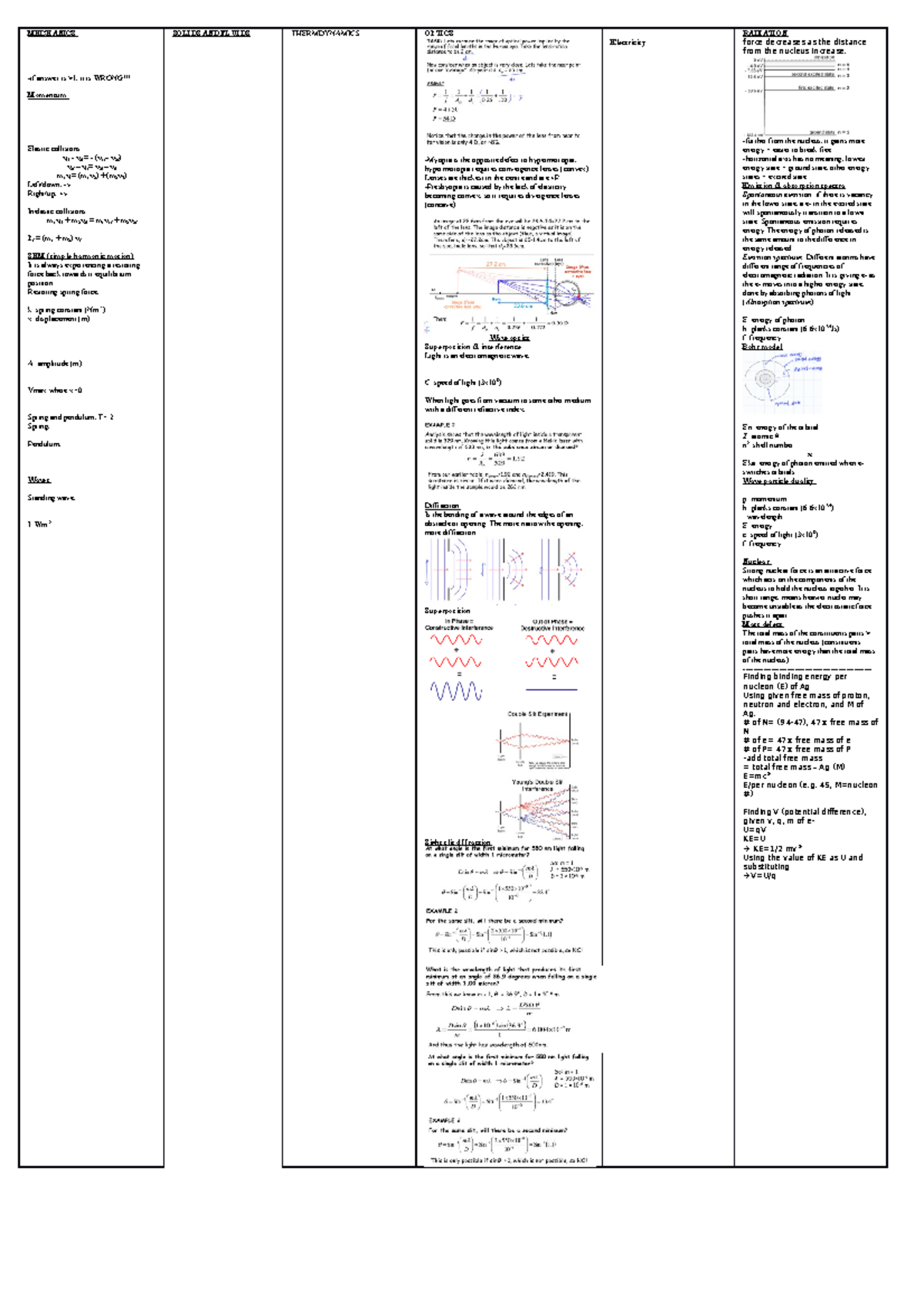 Phsi 191 Cheat Sheet 2, uni of otago new zealand - MECHANICS -if answer is >1, it is WRONG ...