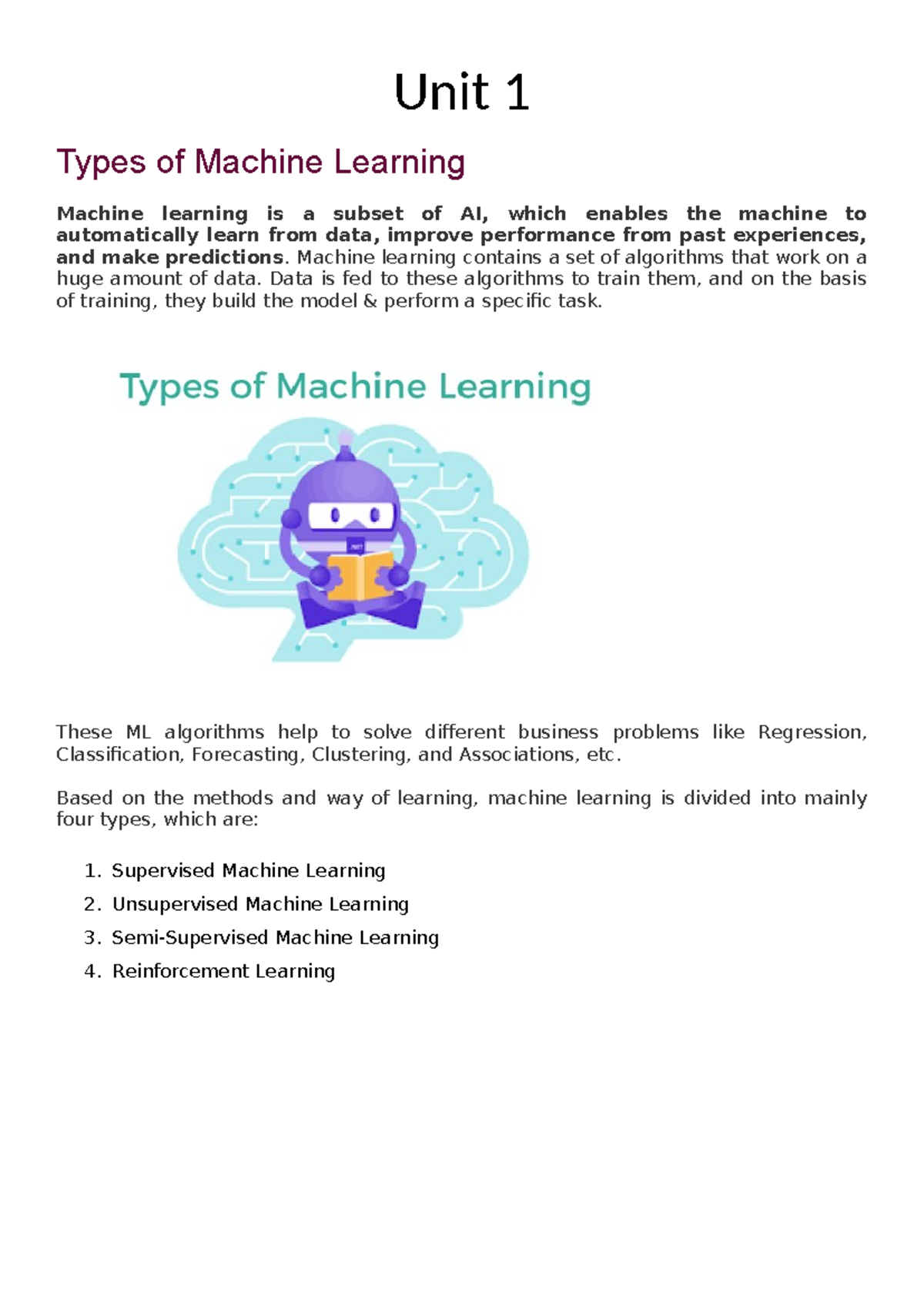 Machin Learning - Unit 1 Types of Machine Learning Machine learning is ...