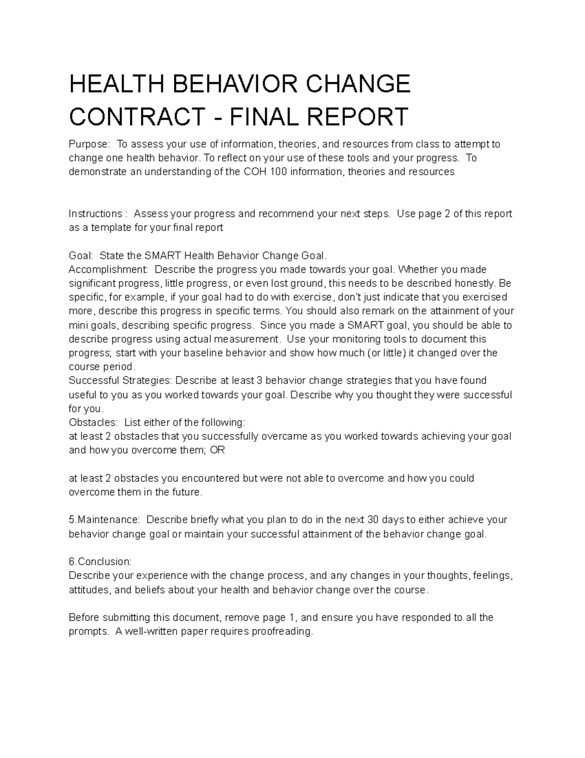 Health Behavior Change Contract- Final Report - HEALTH BEHAVIOR CHANGE ...