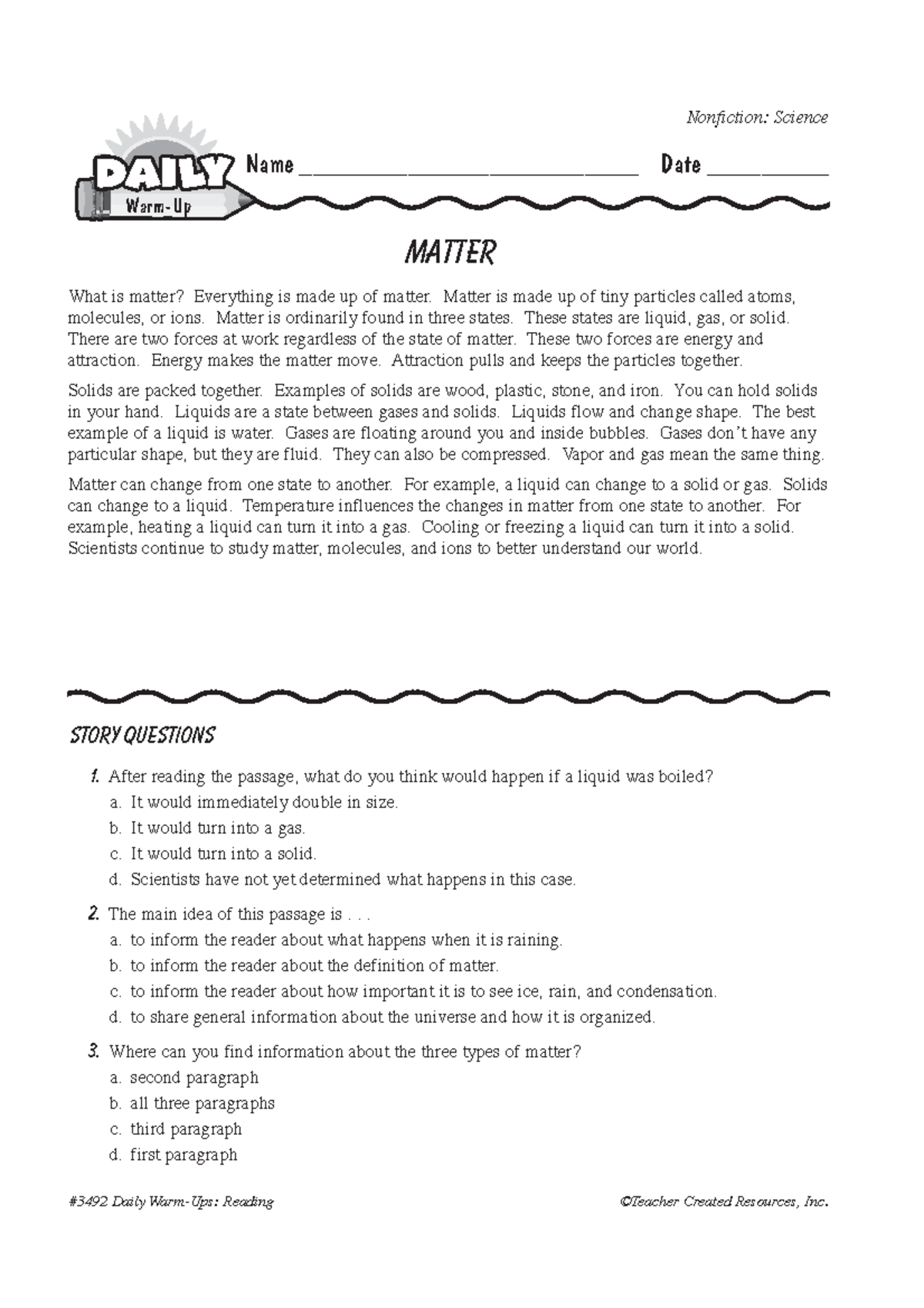 Matter Reading Comprehension with multiple choice - #3492 Daily Warm ...