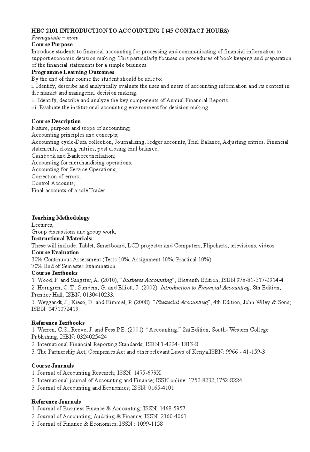 Course Outline HBC 2101 Introduction TO Accounting I - HBC 2101 ...