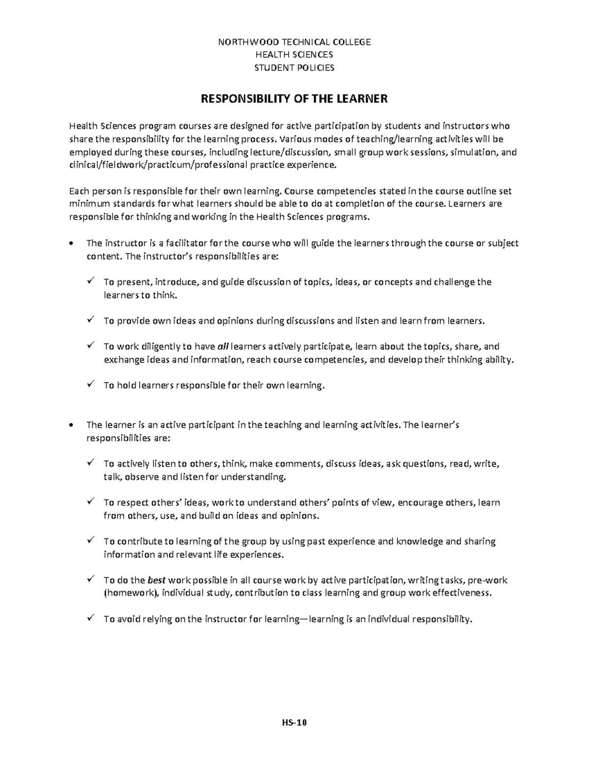 HS-10 Responsibility of the Learner - NORTHWOOD TECHNICAL COLLEGE ...