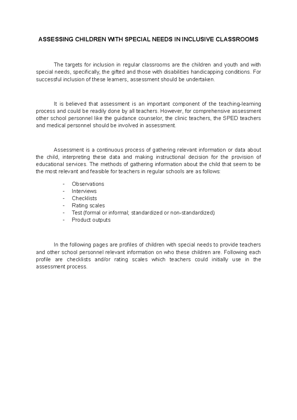 Assessing Childern WITH Special Needs IN Inclusive Classrooms ...