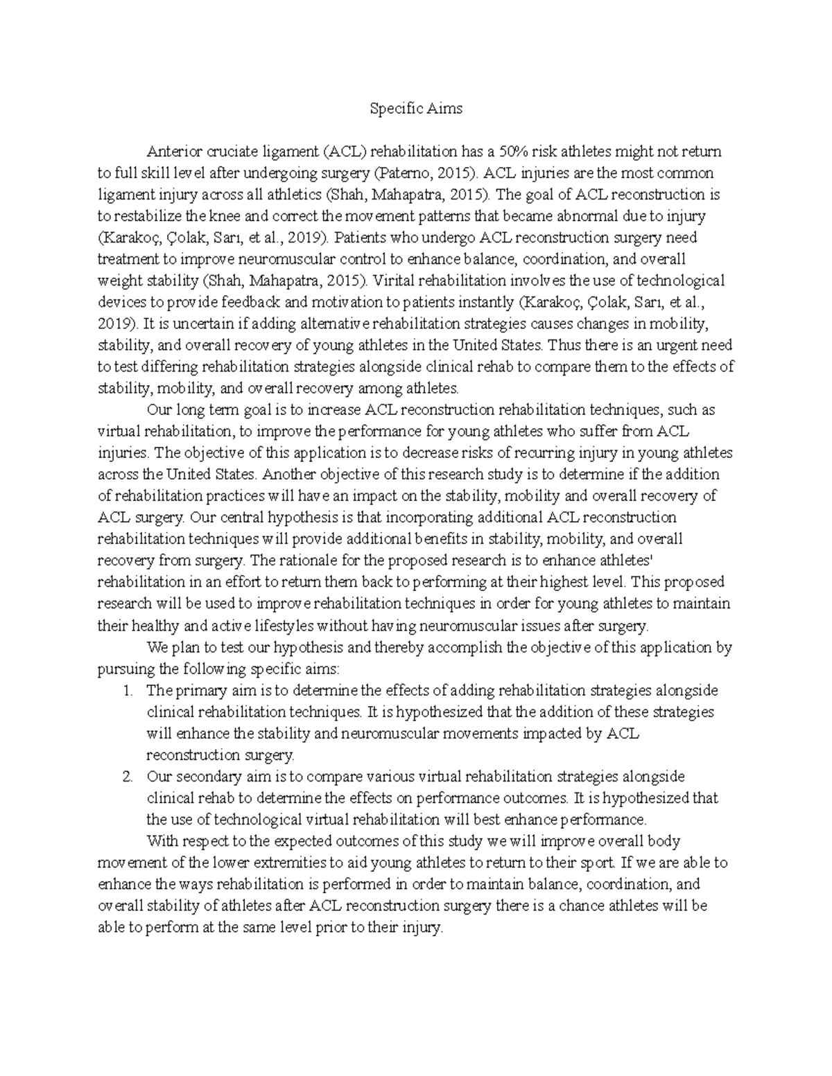 Research Methods Specific Aims - Specific Aims Anterior cruciate ...