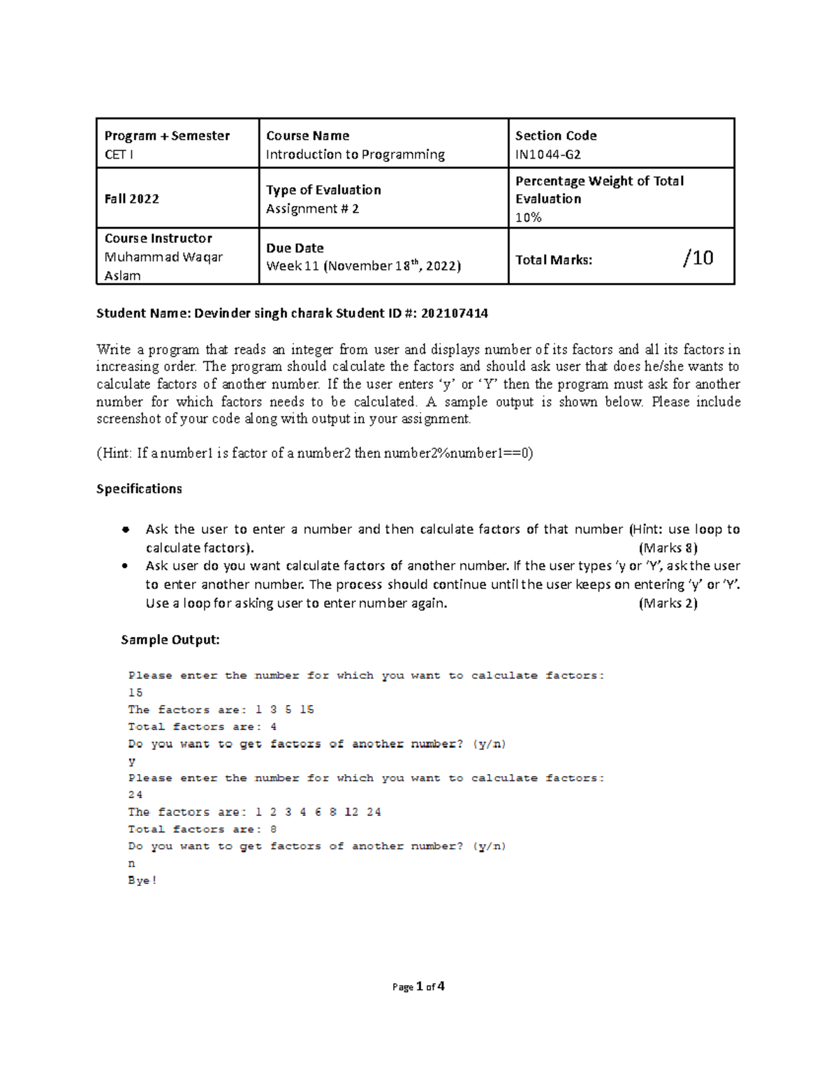 Devindersingh 202107414 java - Program + Semester CET I Course Name Introduction to Programming ...