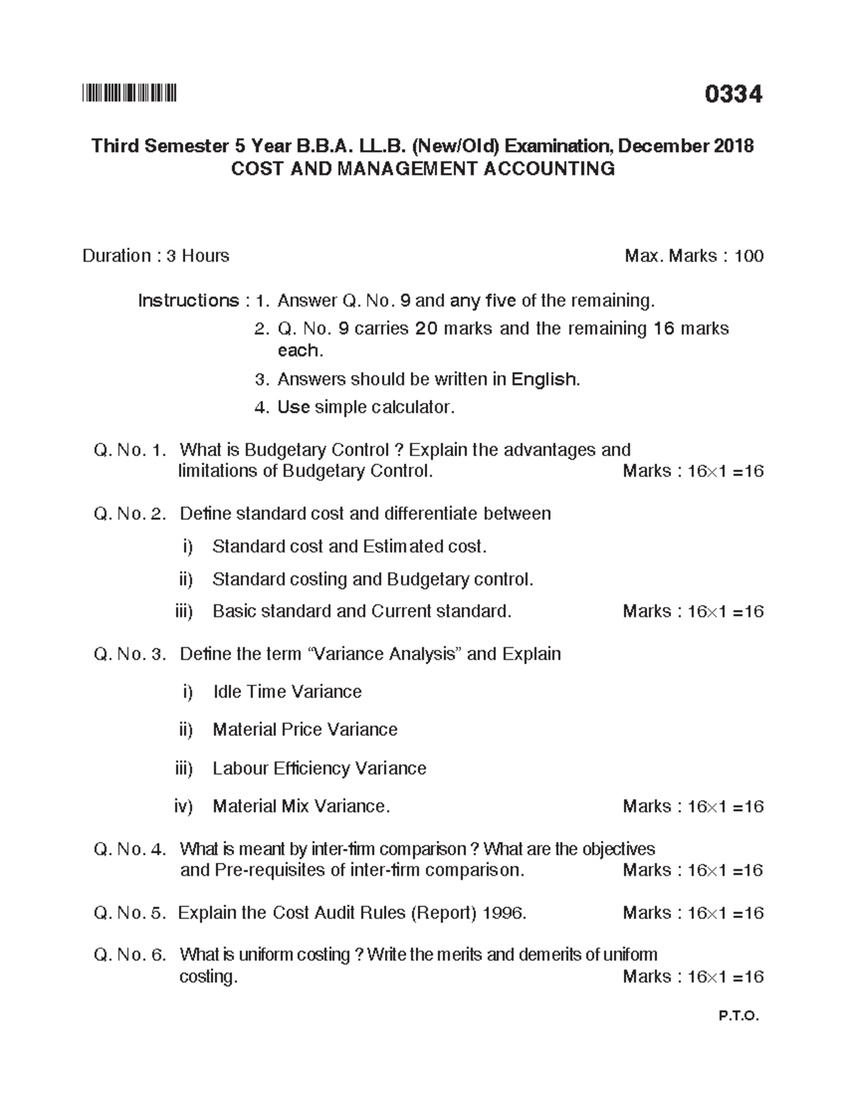 CMA December 2018 - Question paper - 0334 0334 Third Semester 5 Year B ...