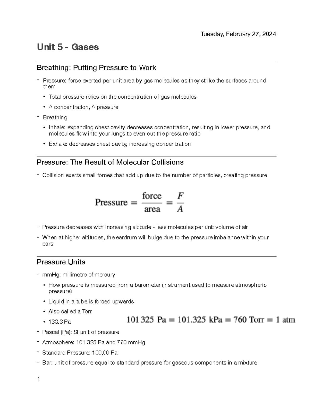 Unit 5 - Textbook Notes - Unit 5 - Gases Breathing: Putting Pressure to ...