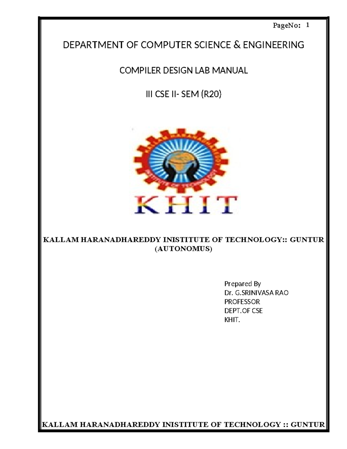 CD LAB Manual(R20)-KHIT - PageNo: DEPARTMENT OF COMPUTER SCIENCE & ENGINEERING COMPILER DESIGN ...