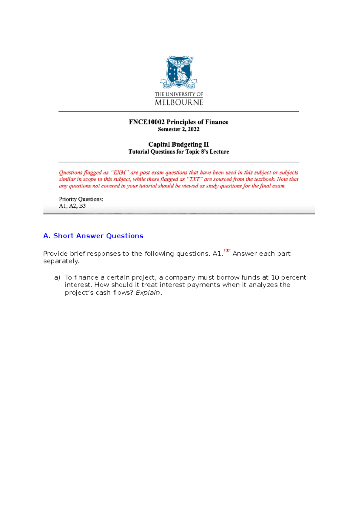 Po F tutorial 8 - tUTE 8 - A. Short Answer Questions Provide brief ...