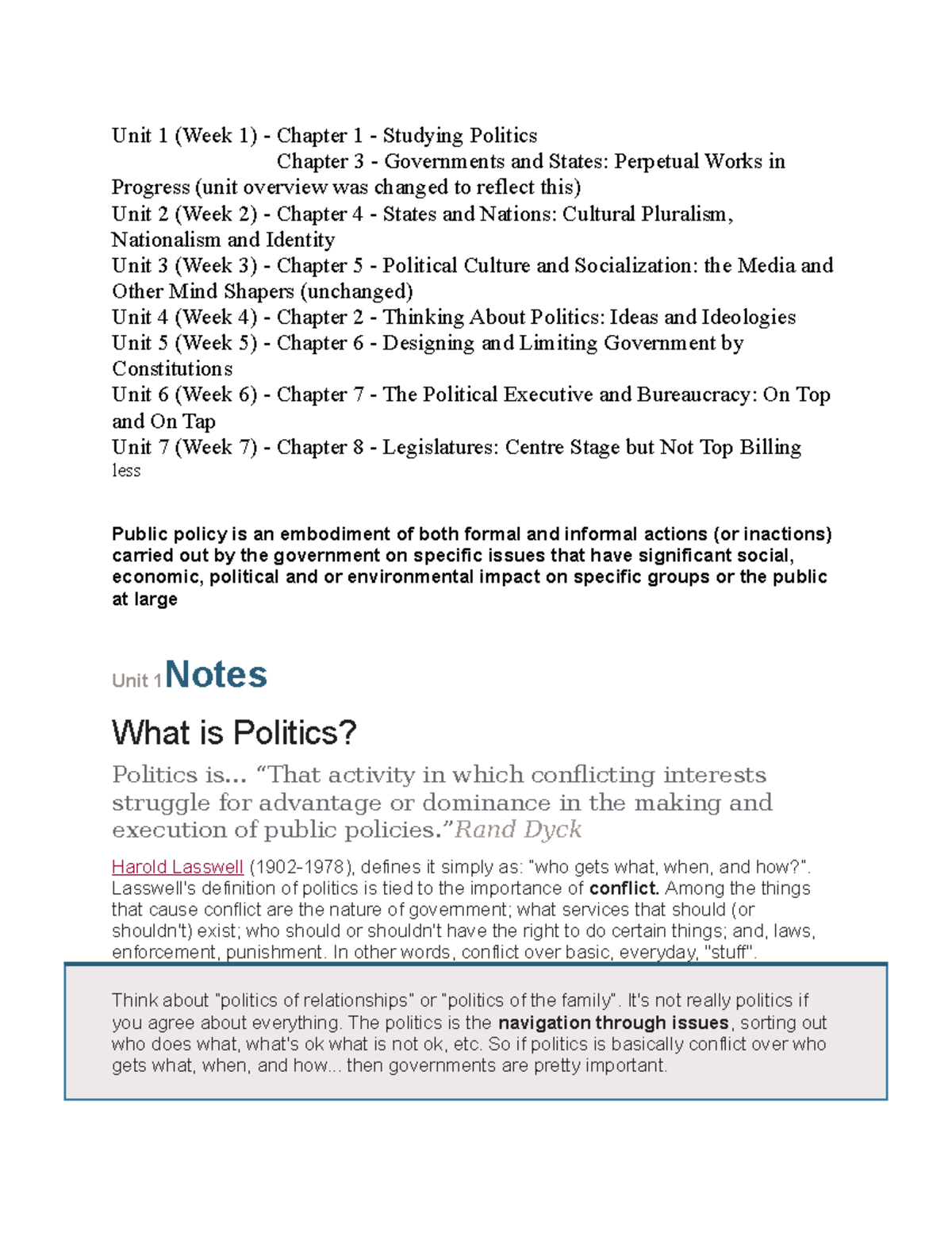 Notes for exam - Unit 1 (Week 1) - Chapter 1 - Studying Politics ...