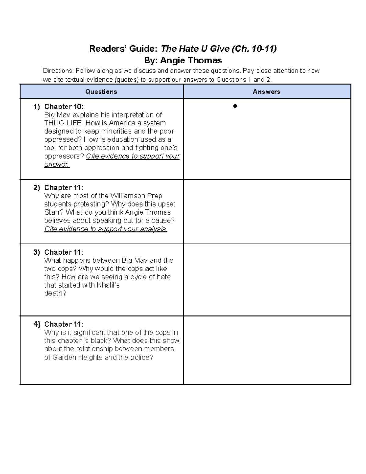 - Reader's Guide: The Hate U Give Ch. 10-12 - Readers’ Guide: The Hate ...