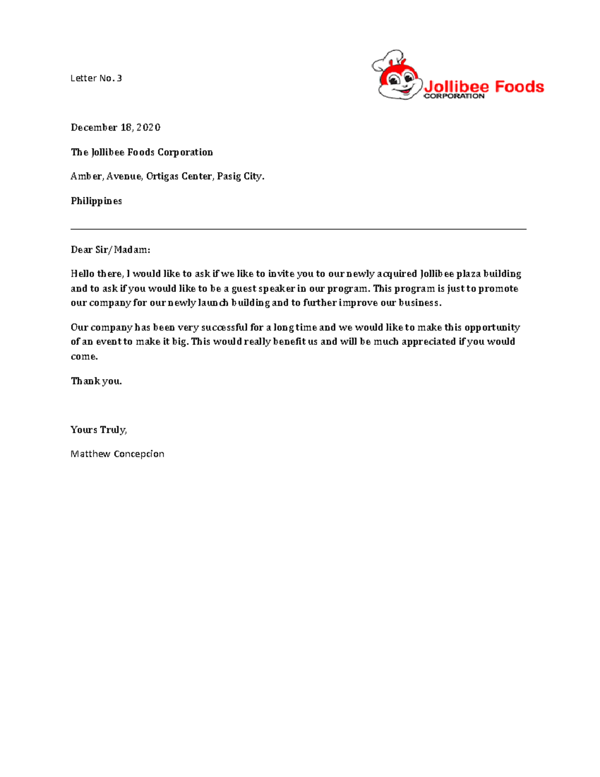 Letter NO. 3 (Matthew S. Concepcion) - Letter No. 3 December 18, 2020 ...