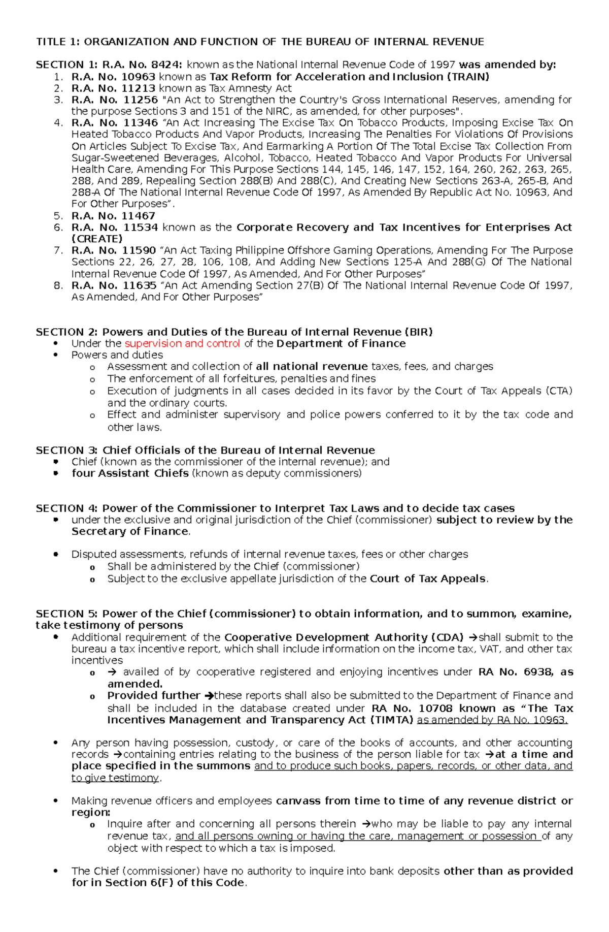Title 1 Organization and Function of the Bureau of Internal Revenue ...