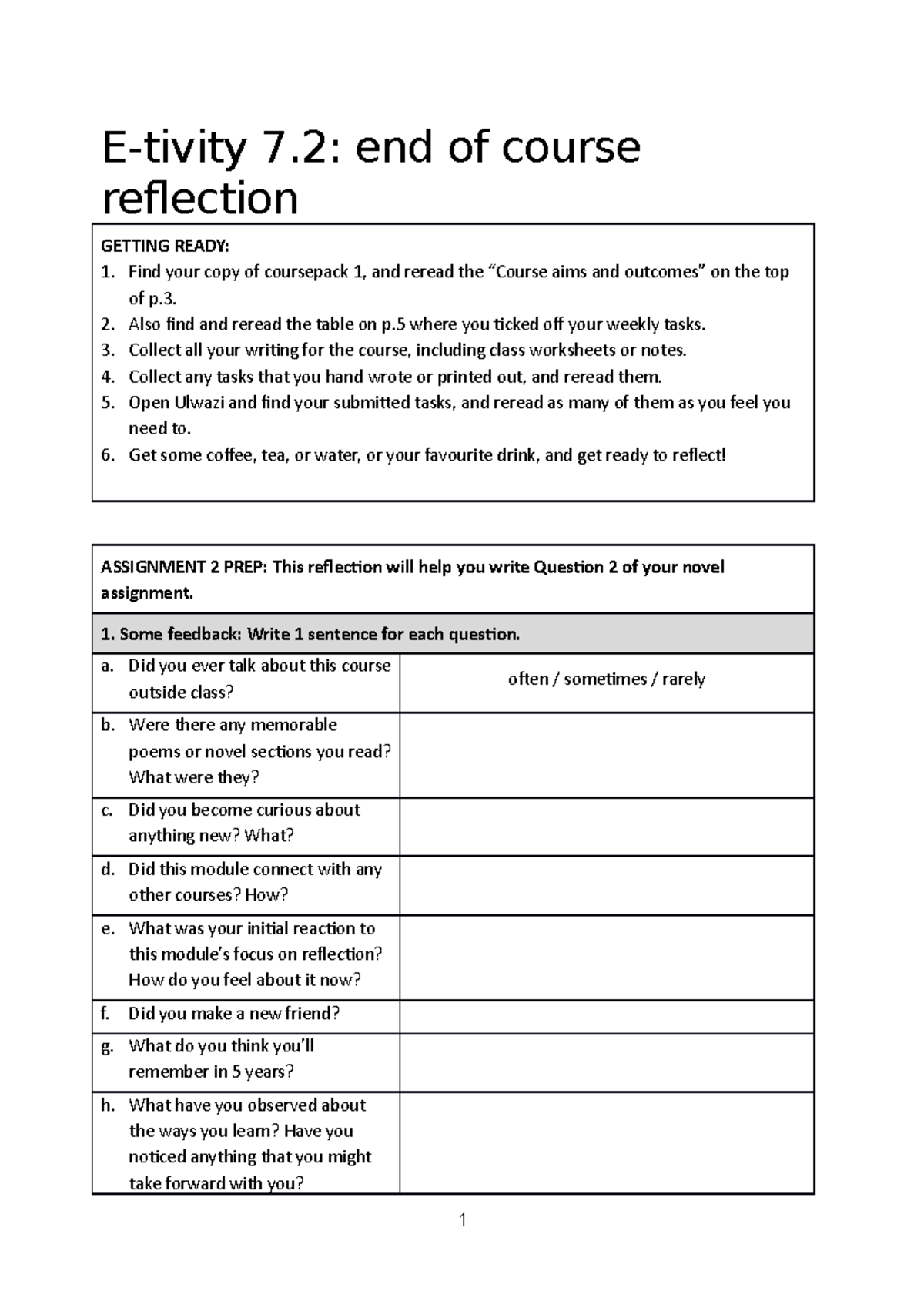 Term end reflection 2023 - E-tivity 7: end of course reflection GETTING READY: Find your copy of ...