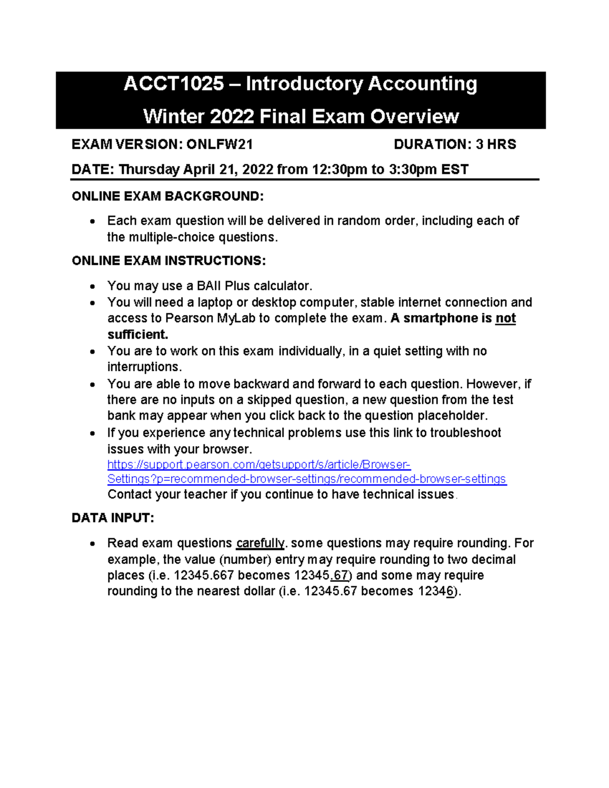 ACCT1025 - W22 Final Exam Overview - EXAM VERSION: ONLFW21 DURATION: 3 ...