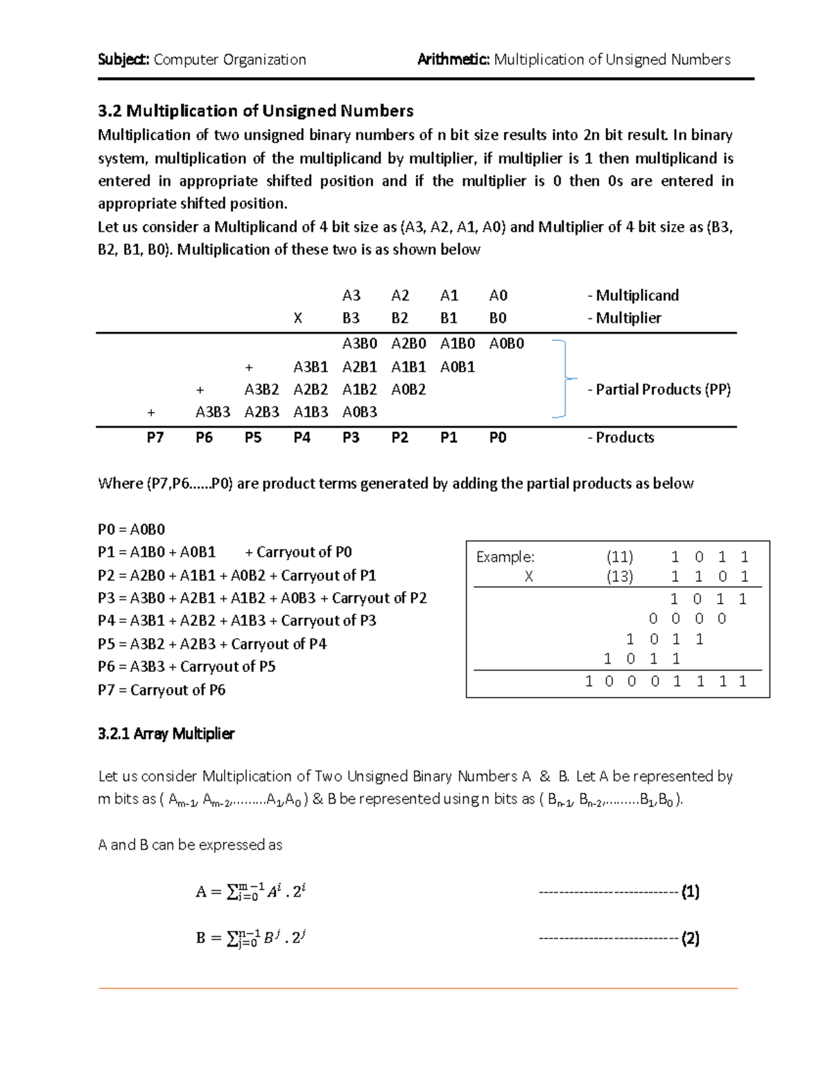 Multiplication of Unsigned Numbers - 3 Multiplication of Unsigned Numbers Multiplication of two ...